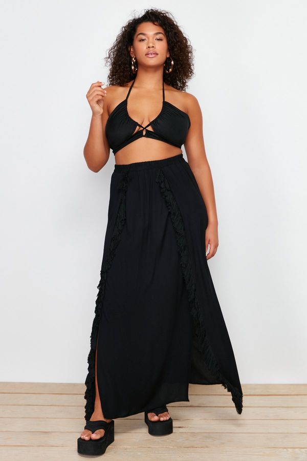 TRENDYOL CURVE BLACK MAXI WOVEN TASSELED BEACH SKIRT
