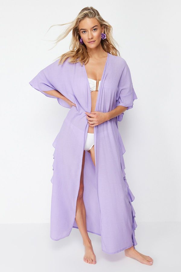 TRENDYOL ECRU BELTED MAXI WOVEN RUFFLE KIMONO&AMP;KAFTAN