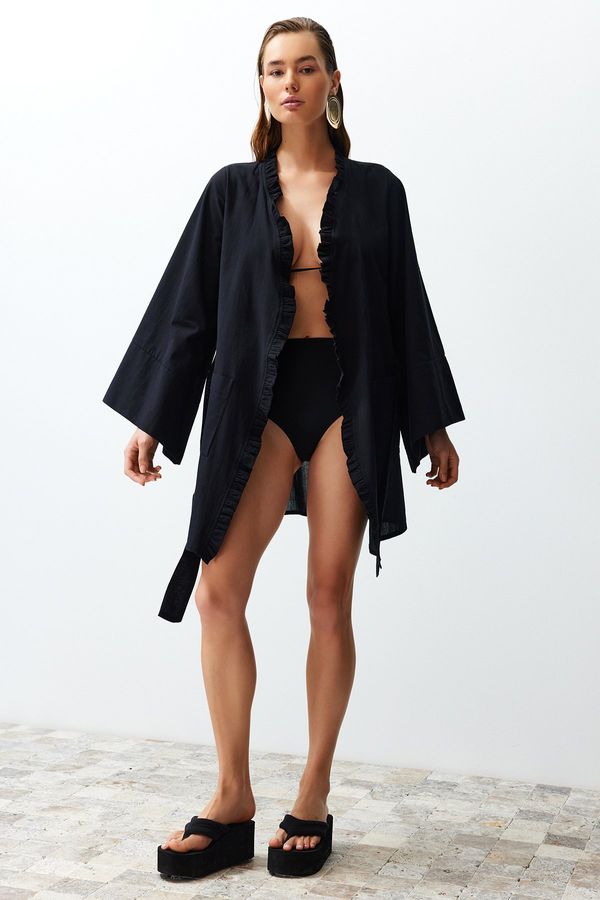 TRENDYOL BLACK BELTED MINI WOVEN RUFFLED 100% COTTON KIMONO & KAFTAN