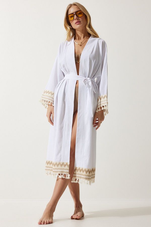 HAPPINESS İSTANBUL WOMEN'S WHITE TASSEL GUIPURE DETAIL LONG LINEN KIMONO
