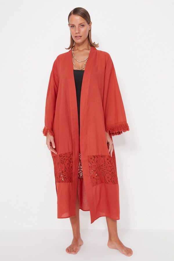 TRENDYOL CINNAMON BELT MAXI WOVEN RUCHED 100% COTTON KIMONO & CAFTAN