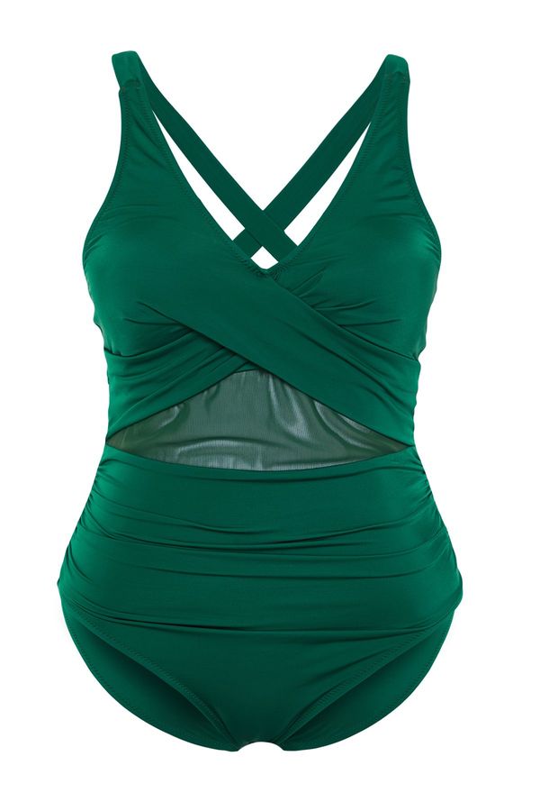 TRENDYOL CURVE EMERALD GREEN MESH DETAILED SWIMSUIT WITH LIFTING EFFECT
