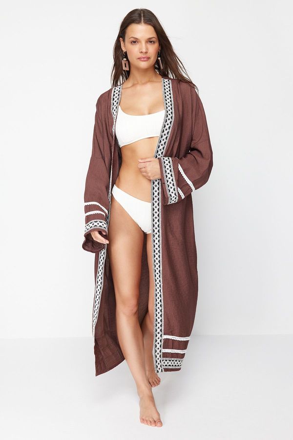 TRENDYOL BROWN MAXI WOVEN RIBBON ACCESSORY KIMONO&AMP;KAFTAN