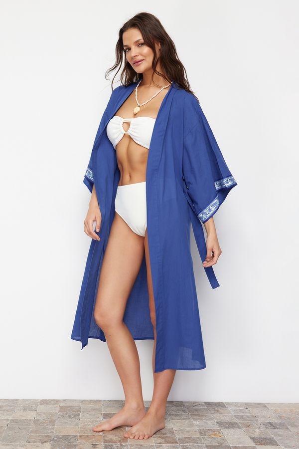 TRENDYOL SAXE BLUE BELTED MAXI WOVEN RIBBON ACCESSORY KIMONO & KAFTAN