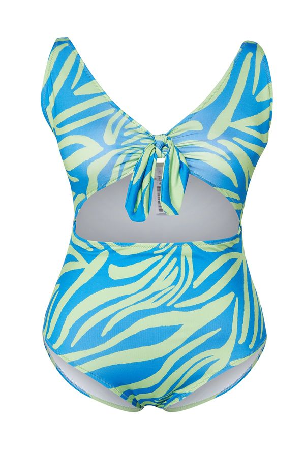 TRENDYOL CURVE BLUE-GREEN TIE DETAILED FLORAL PATTERNED SWIMSUIT