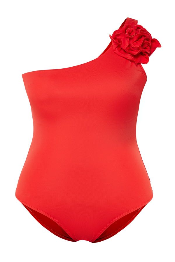 TRENDYOL CURVE RED ONE SHOULDER FLORAL APPLIQUED SWIMSUIT