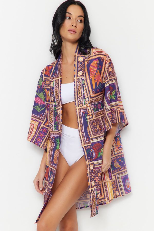 TRENDYOL TROPICAL PATTERN MINI WOVEN 100% COTTON KIMONO & KAFTAN