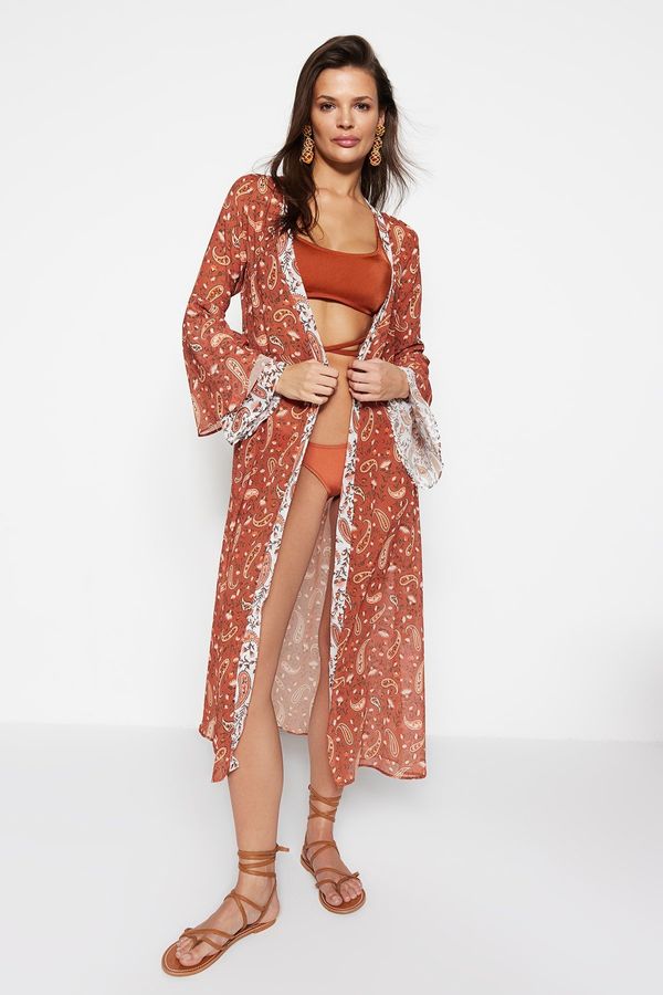 TRENDYOL PAISLEY PATTERNED BELTED MAXI WOVEN KIMONO & KAFTAN WITH RUFFLES