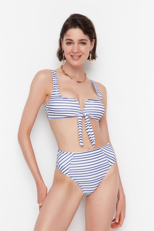TRENDYOL NAVY BLUE STRIPED HIGH WAIST BIKINI BOTTOMS