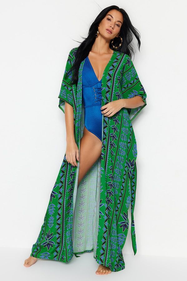 TRENDYOL ETHNIC PATTERNED BELTED MAXI WOVEN KIMONO & KAFTAN