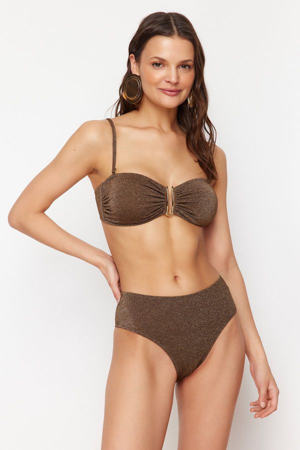 TRENDYOL BROWN STRAPLESS ACCESSORY GLITTER PREMIUM FABRIC BRAZILIAN BIKINI SET