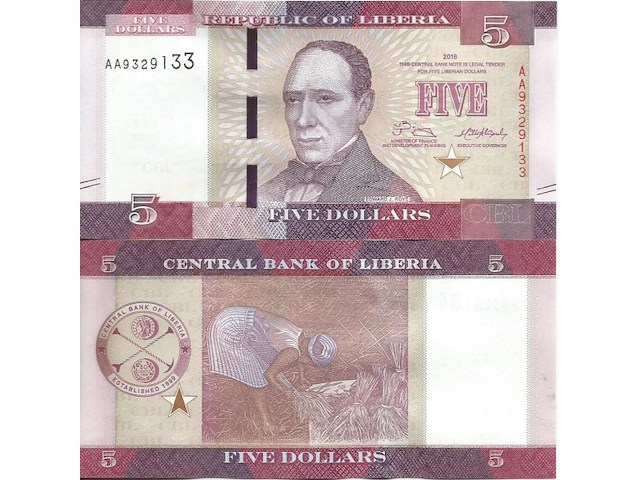 Liberia 5 dollars 2016. UNC