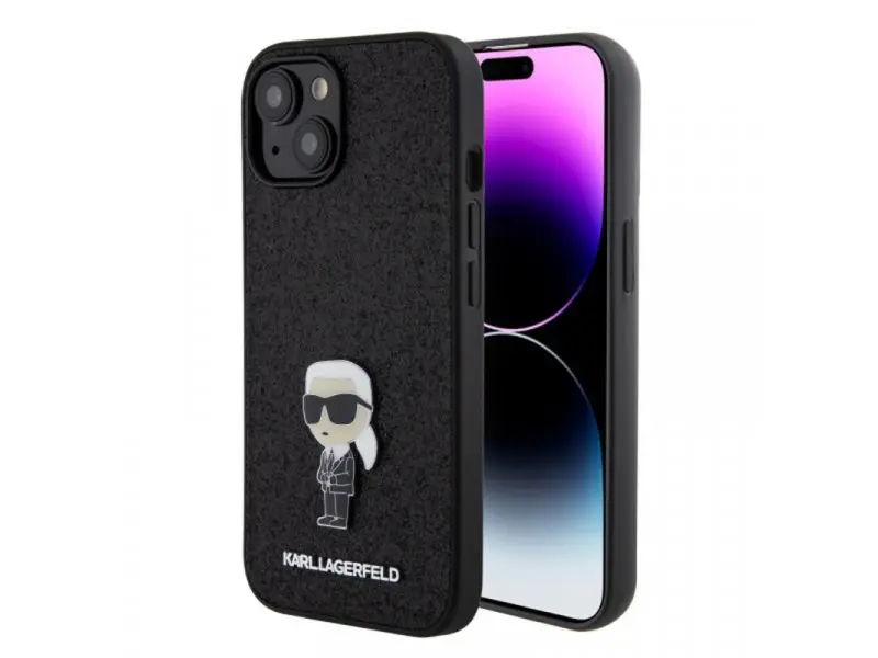 Karl Lagerfeld Ikonik Fixed Glitter Logo Maska za telefon za iPhone 15, Crna