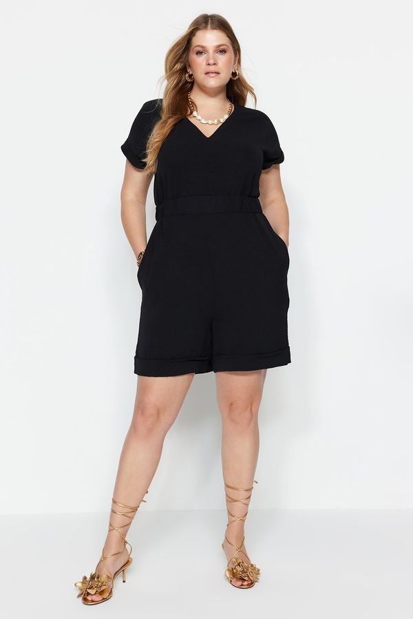 TRENDYOL CURVE BLACK WOVEN V-NECK JUMPSUIT