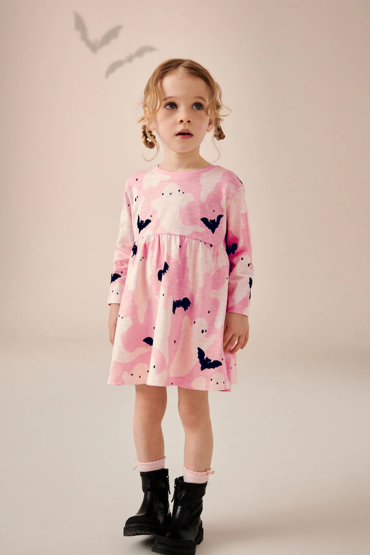 Pink Ghost 100% Cotton Halloween Long Sleeve Jersey Dress (3mths-7yrs)