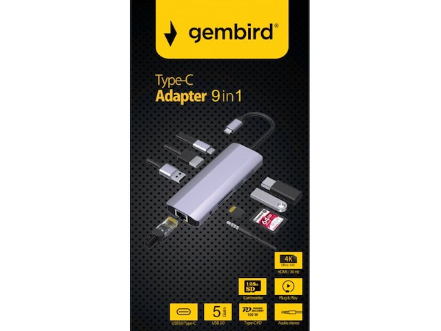 A-CM-COMBO9-06 ** Gembird USB-C 9-in-1 multi-port RJ45+USB3.0+SD+USB-C+HDMI+USB2.0+3,5mm (1359)