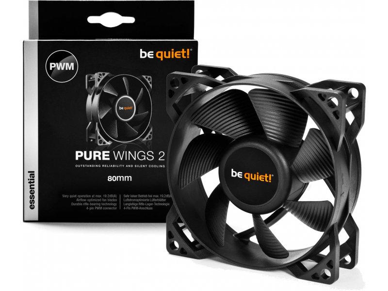 Pure Wings 2 80mm PWM, 1900rpm, Noise level 19.2 dB, 4-pin PWM connector, Airflow (26.3 cfm / 44.45 m3/h)