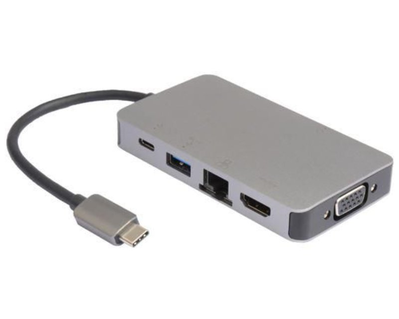 E-Green Adapter USB 3.1 tip C (M) - HDMI + VGA + 2xUSB 3.0 + RJ45 + tip C (F) beli