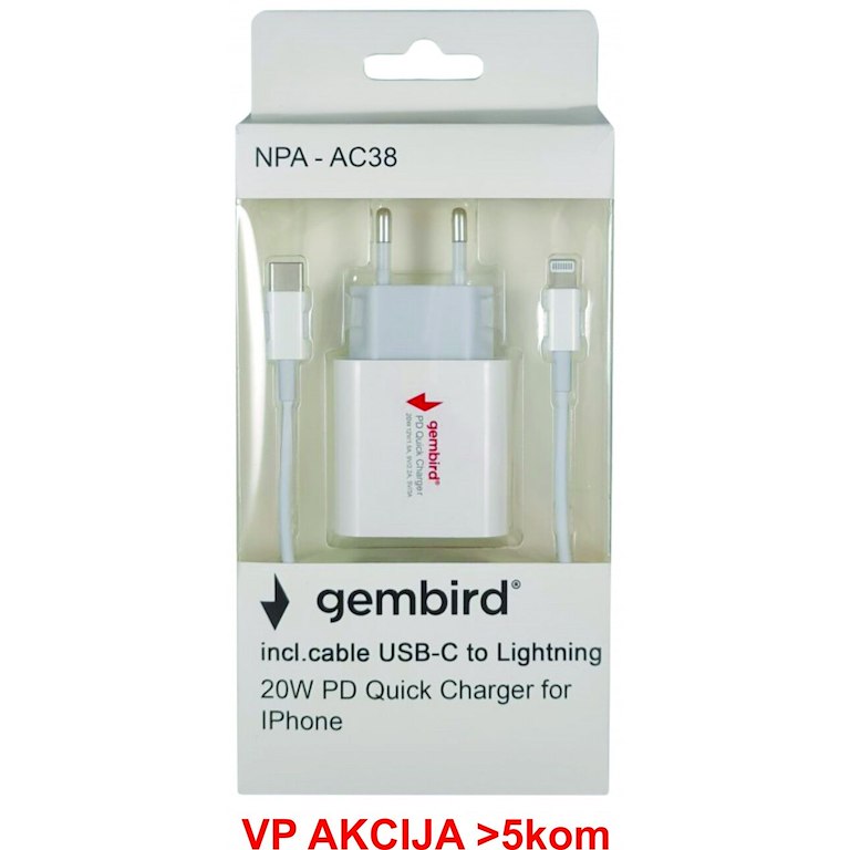 NPA-AC38 ** Gembird PD brzi punjac +USB C kabl na lightning iphone 20W 5V/3A, 9V/2.2A,12v/1.5A (719)