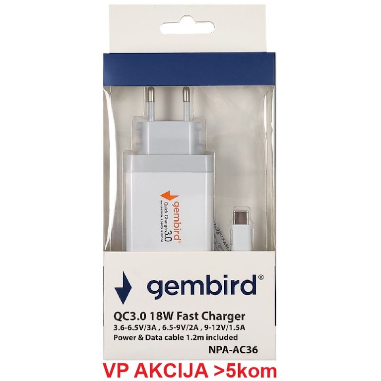 NPA-AC36 ** Gembird QC3.0 brzi punjac +Type C USB kabl,18W 3.6-6.5V/3A, 6.5V-9V/2A, 9V-12V/1.5A(351)