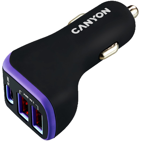 CANYON Universal 3xUSB car adapter, Input 12V-24V, Output DC USB-A 5V2.4A(Max) + Type-C PD 18W, with Smart IC, Black+Purple with rubber coa