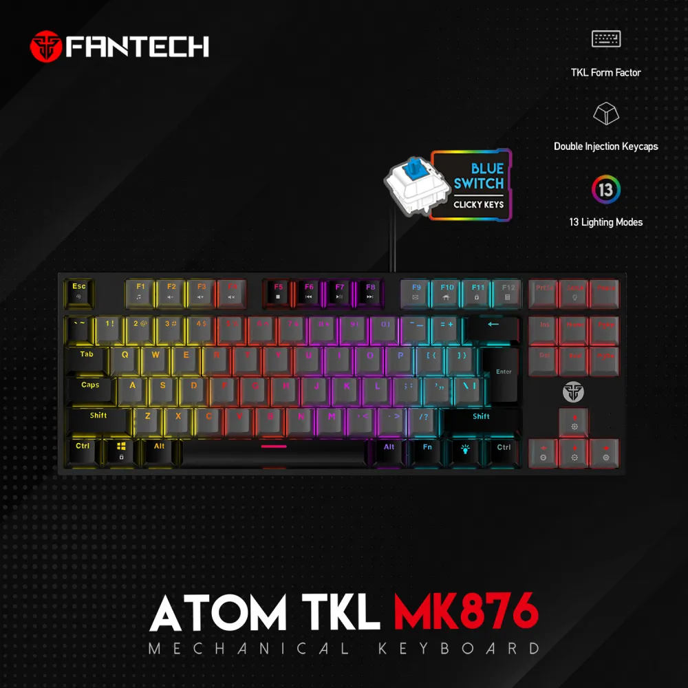 Tastatura Mehanicka Gaming Fantech MK876 RGB Atom TKL siva (Blue switch)