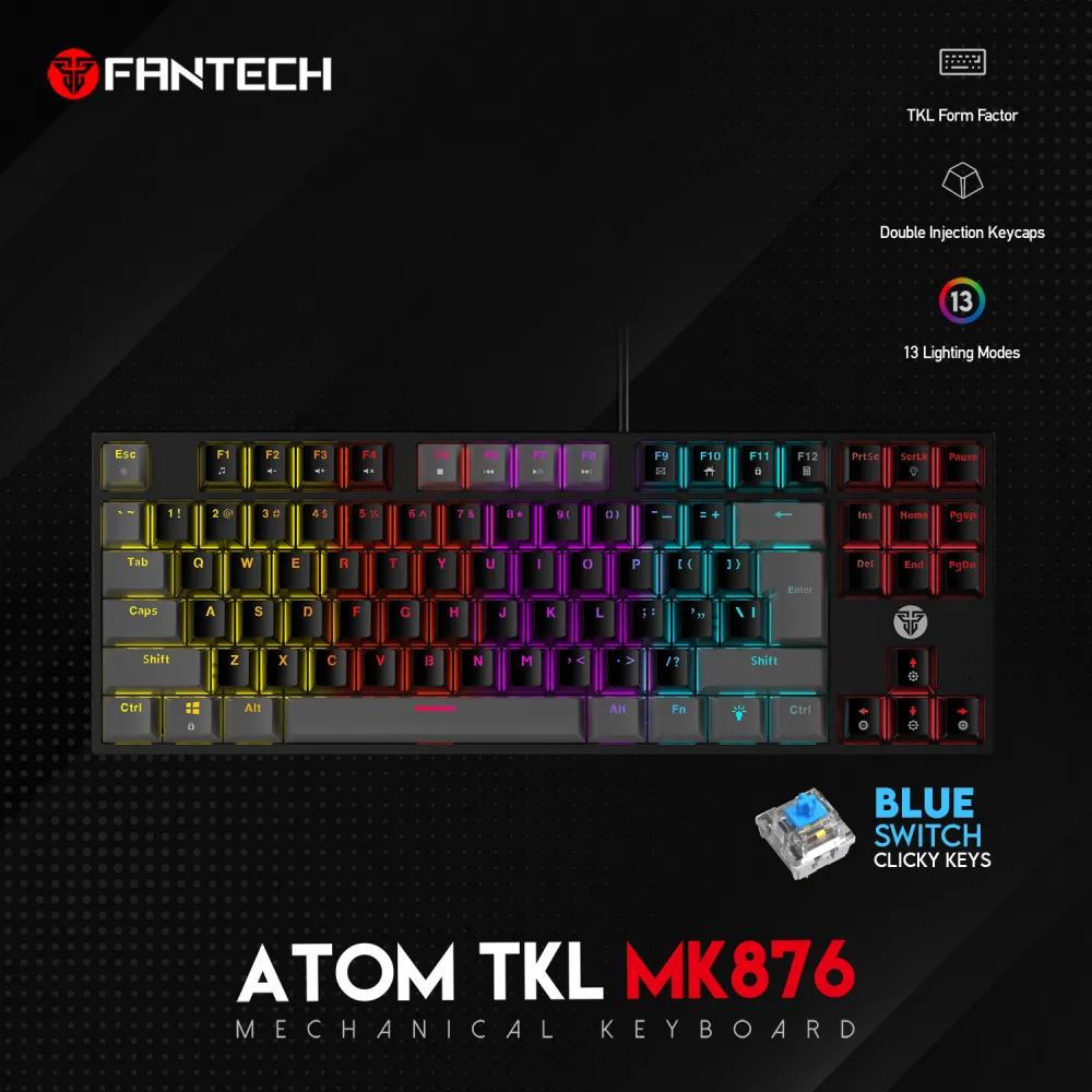 Tastatura Mehanicka Gaming Fantech MK876 RGB Atom TKL crna (Blue switch)