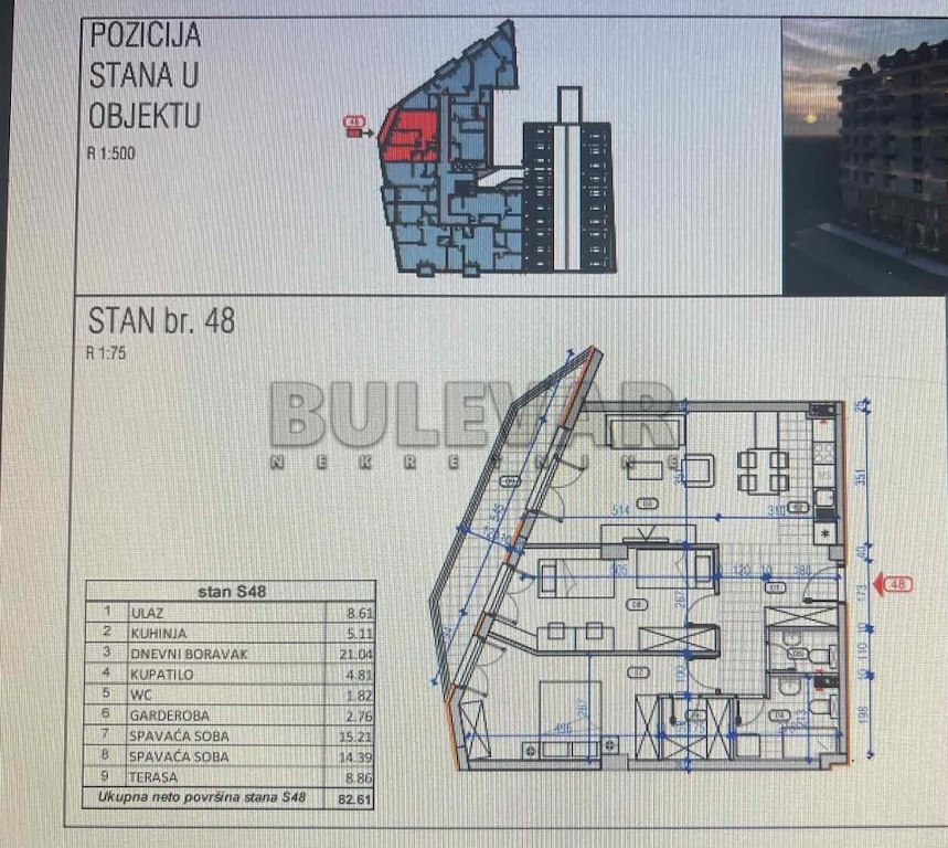 Stan na šestom spratu u ekskluzivnoj zoni 82. 61 m2, u izgradnji