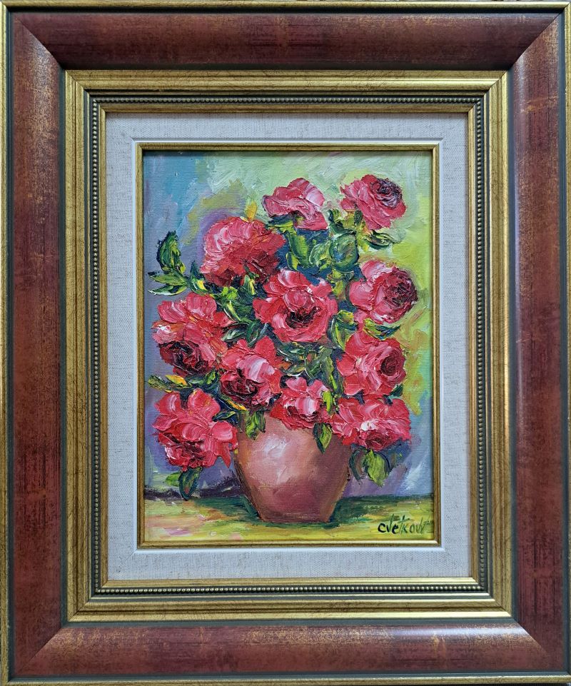 Cveće 9, ulje na kartonu, Vesna Cvetkov, sa 39×33 cm, bez 23×17 cm, uramljena,sertifikat, 60 eura