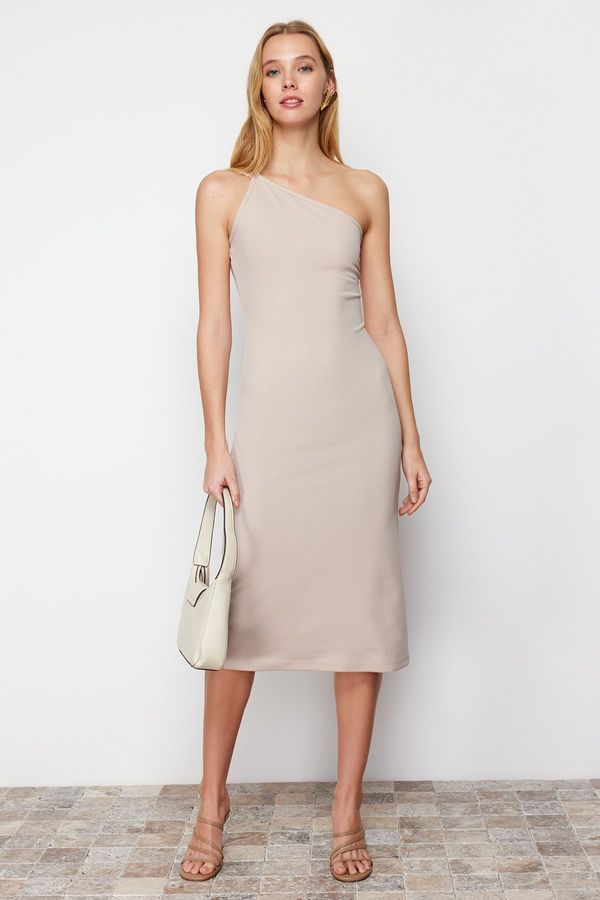 TRENDYOL FITTED MIDI CREPE KNITTED DRESS WITH STONE STRAPS