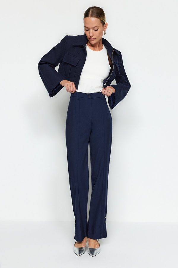 TRENDYOL NAVY BLUE STRAIGHT CUT WOVEN LEG RING DETAILED RIBBED TROUSERS