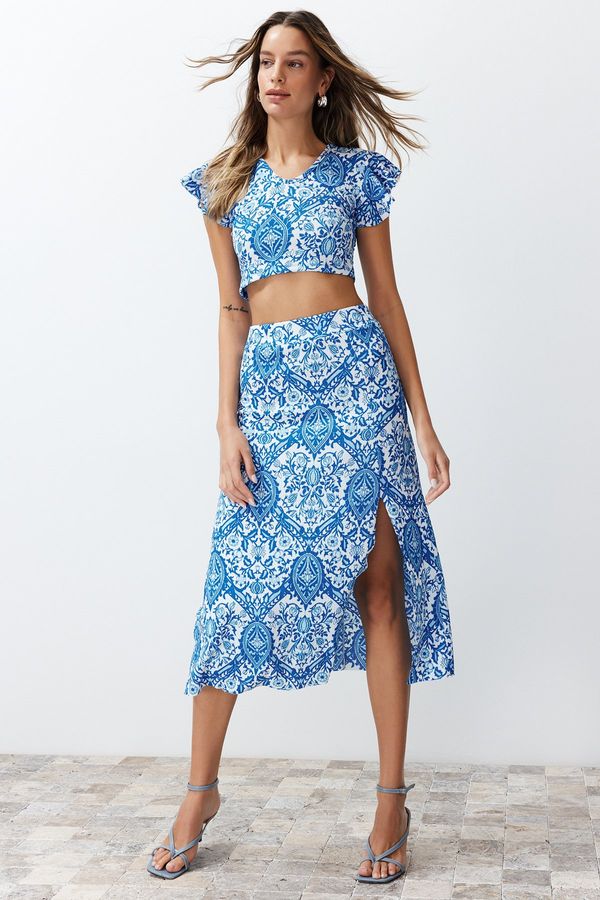 TRENDYOL BLUE PATTERNED SLIT RIBBED FLEXIBLE KNITTED TWO PIECE SET