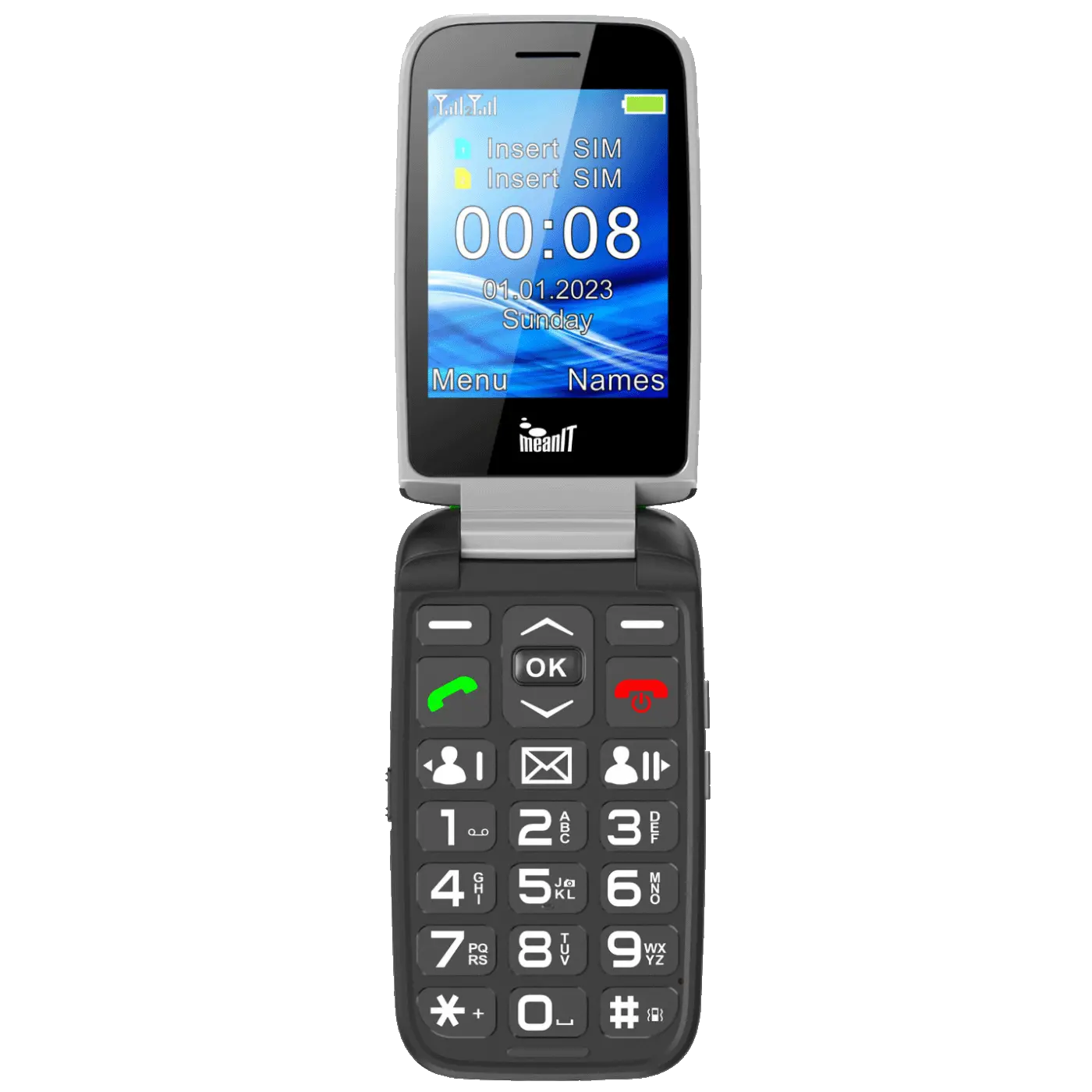 MeanIT mobilni telefon, ekran od 2,8 inča, Dual SIM, SOS dugme - Senior Flip Mak, crna