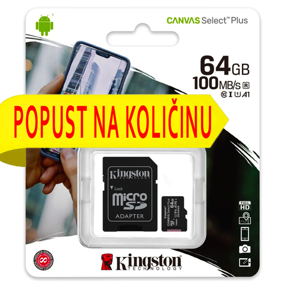 MicroSD Kingston (+ SD adapter) 64GB klasa 10