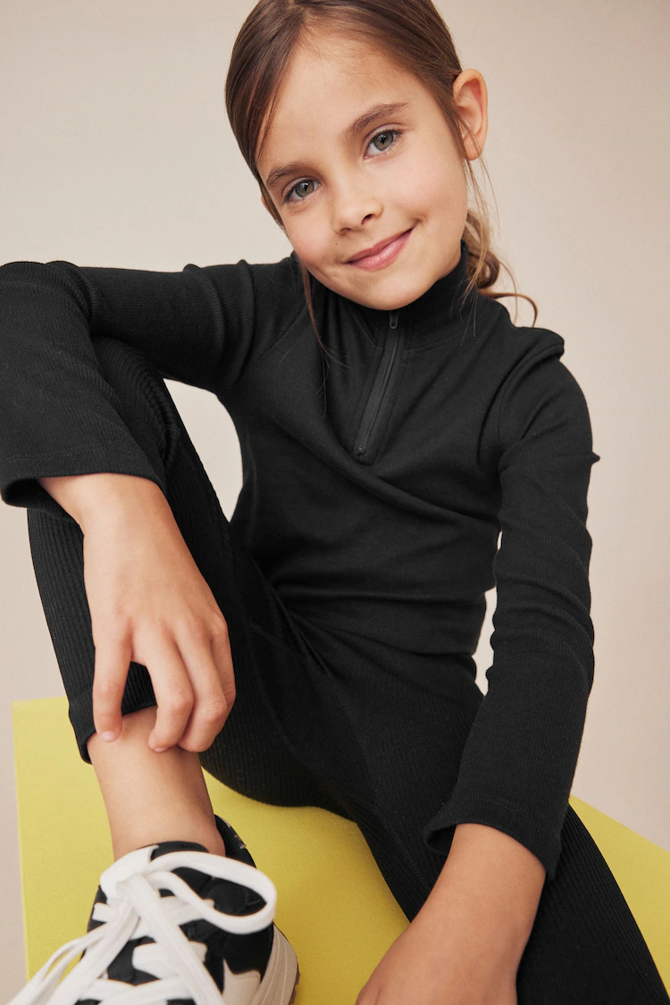 Black Boxy Zip High Neck Rib Top (3-16yrs)