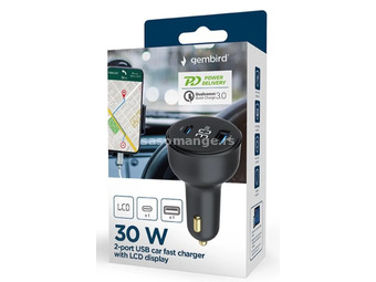 GEMBIRD TA-UC-AC2PD30LCD-CAR-01 Gembird 2-port USB brzi punjac za auto, Type-C PD, LCD, 30W, black