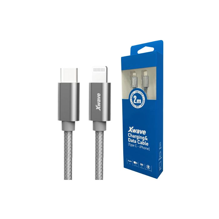 Xwave Kabl USB Tip-C za IPHONE 2M 3A,lightning aluminium,upleteni,tamno sivi