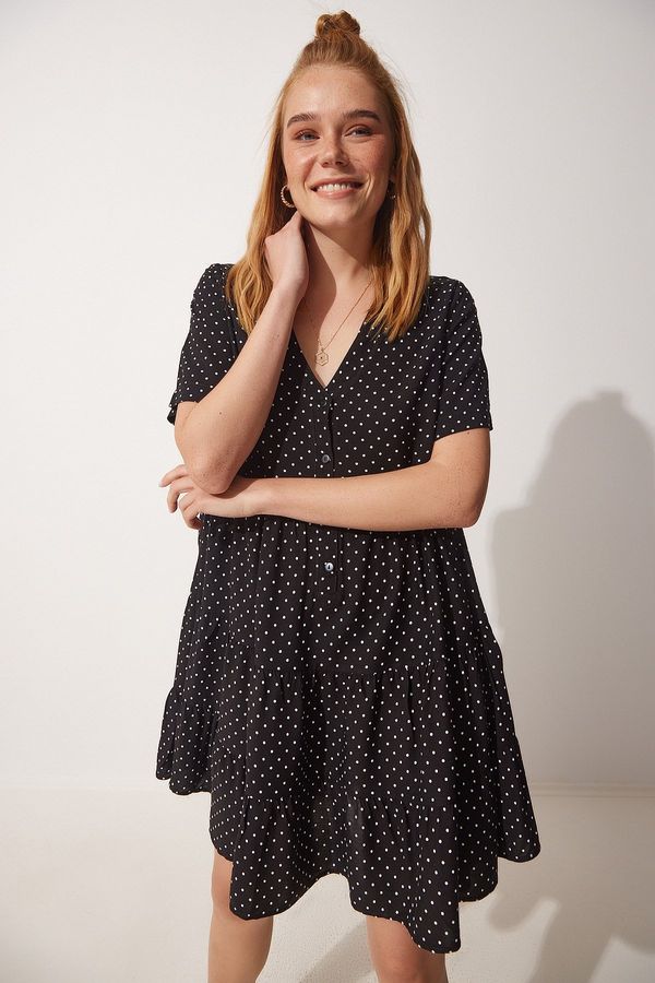 HAPPINESS İSTANBUL WOMEN'S BLACK POLKA DOT SUMMER FLARED VISCOSE DRESS