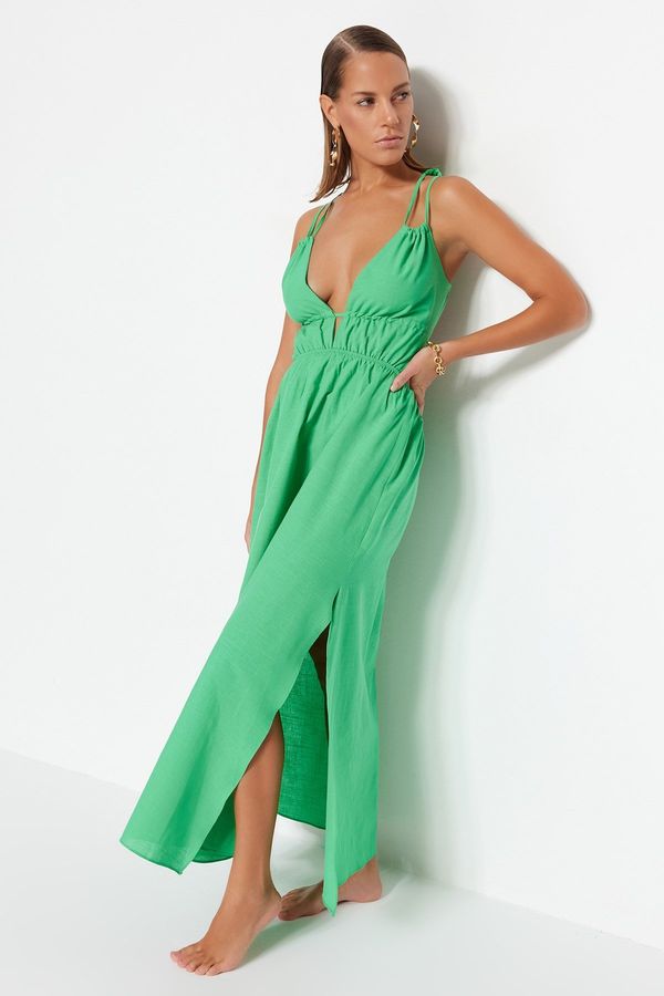 TRENDYOL GREEN MAXI WOVEN SLIT 100% COTTON BEACH DRESS