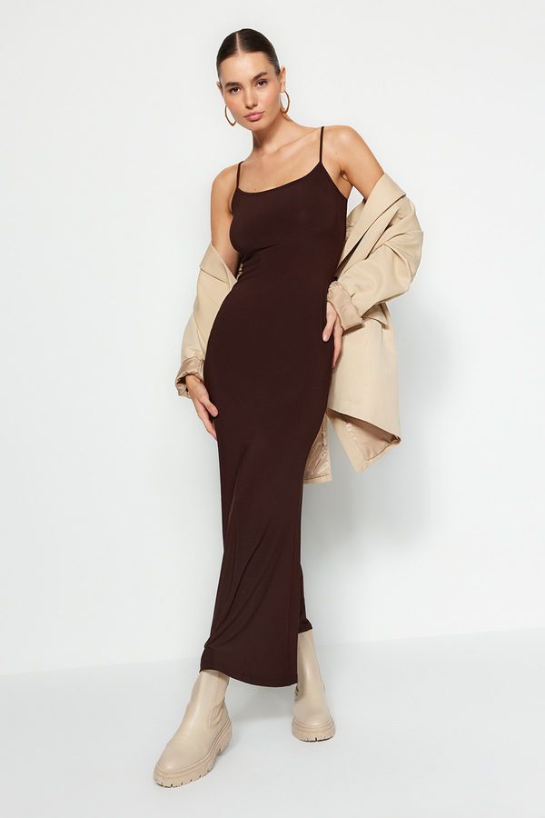 TRENDYOL BROWN FITTED STRAP MAXI FLEXIBLE KNITTED PENCIL DRESS
