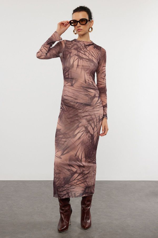 TRENDYOL BEIGE ABSTRACT BODYCONE GATHERING / DRAPE MAXI KNITTED DRESS