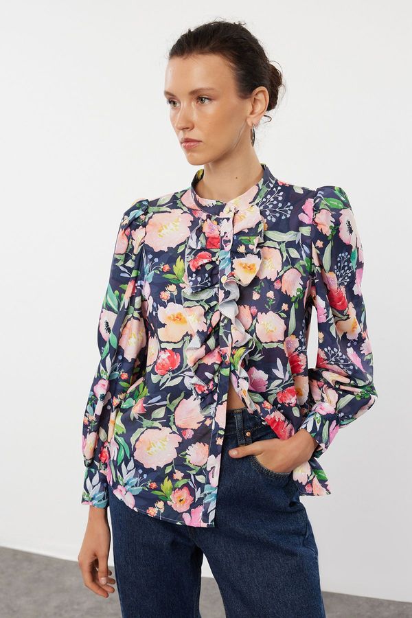 TRENDYOL DARK BLUE STAND-UP COLLAR RUFFLED CHIFFON FLORAL WOVEN SHIRT