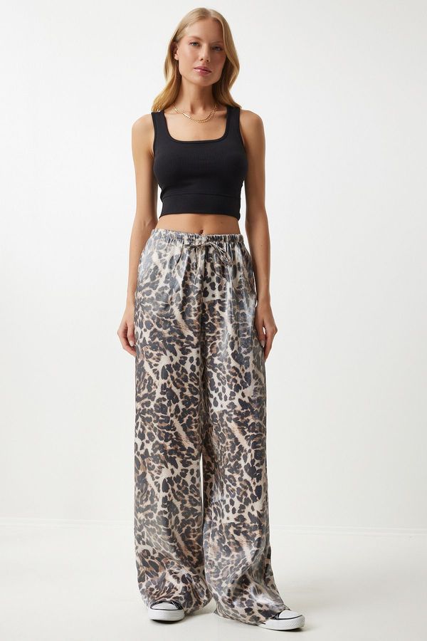 HAPPINESS İSTANBUL WOMEN'S BLACK BEIGE LEOPARD PATTERNED PALAZZO TROUSERS