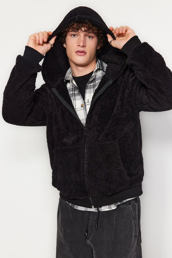 TRENDYOL BLACK REGULAR/NORMAL CUT FULL ZIPPER POCKET FLEECE THICK SWEATSHIRT-CARDIGAN