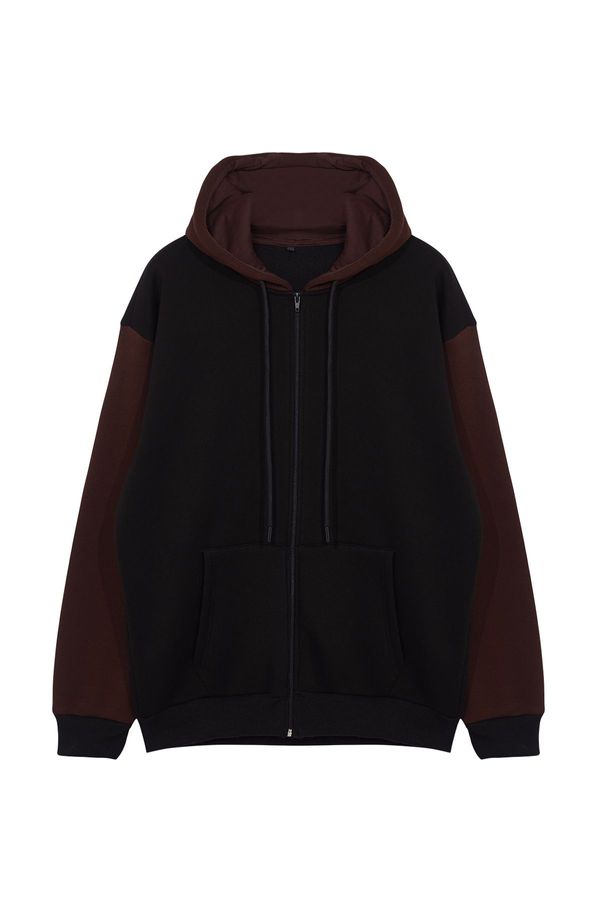TRENDYOL BLACK OVERSIZE/WIDE CUT HOODED COLOR BLOCKED ZIPPERED CARDIGAN/SWEATSHIRT WITH FLEECE INSIDE
