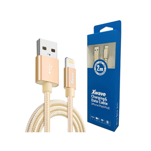 Xwave kabl USB IPHONE 2M 3A,lightning aluminium,upleteni zlatni