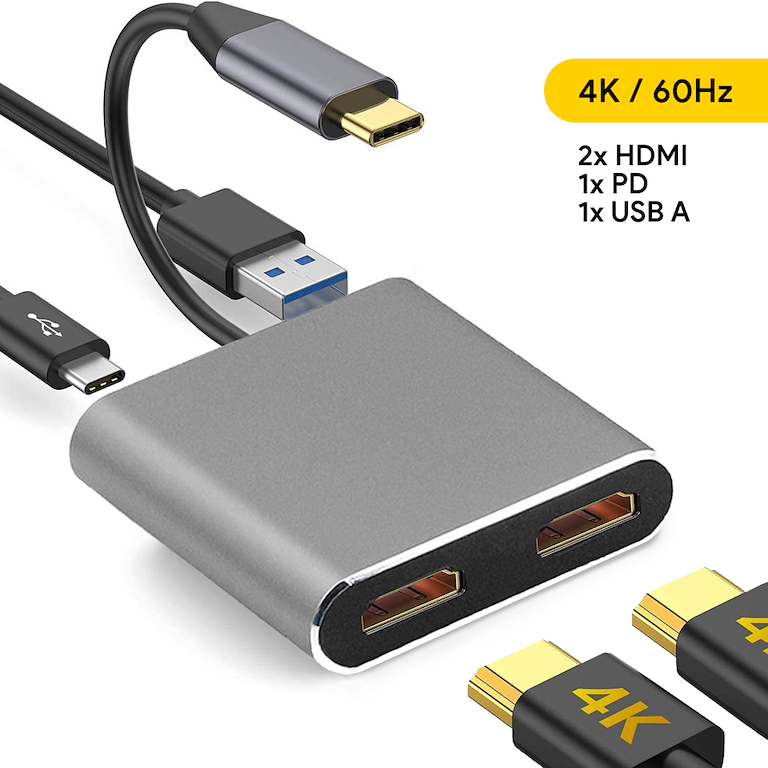 Adapter Type C na 2xHDMI PD USB3.0 4 u 1 sivi