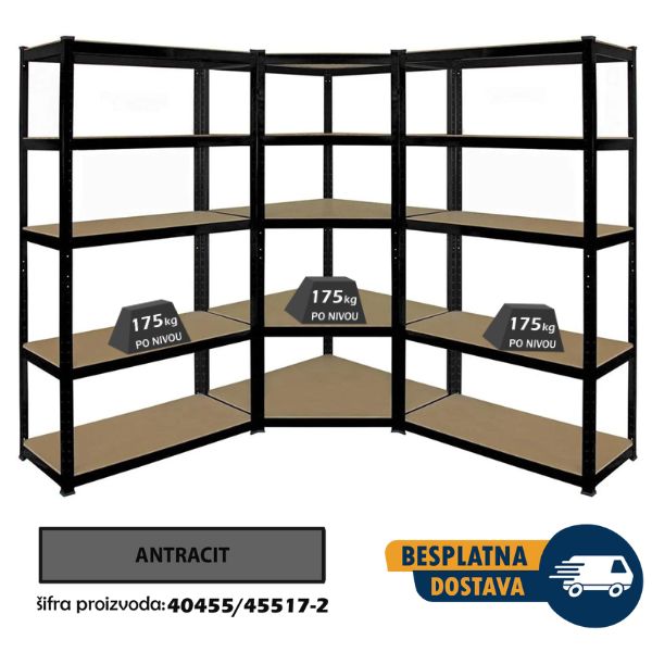 Ugaona polica 180x90x90x45cm + 2 police 180x60x45cm 5x175kg antracit