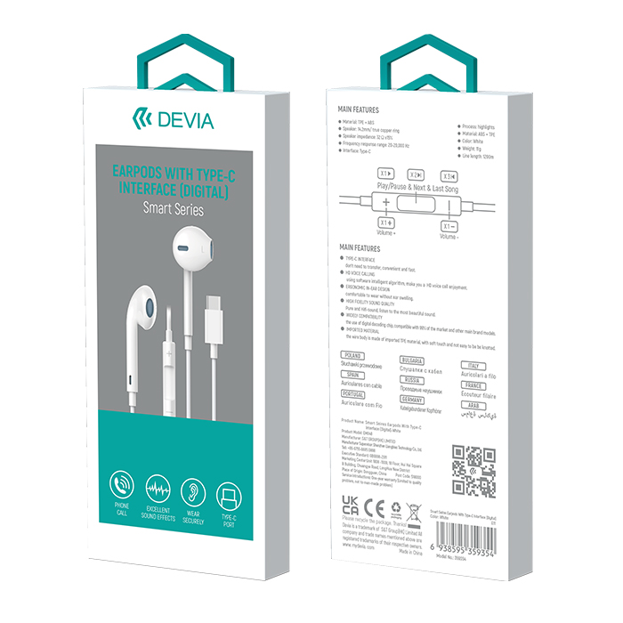 Slusalice Devia Smart Series Earpods With Type-C Interface (Digital) Bela