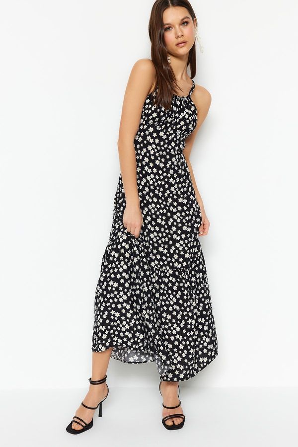 TRENDYOL BLACK A-CUT MAXI WOVEN VISCOSE STRAPPY FLORAL PATTERN WOVEN DRESS